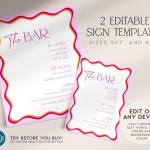 Bar Menu Sign Wavy Border Bridal Shower, Modern Pink Bach Party Drinks ...