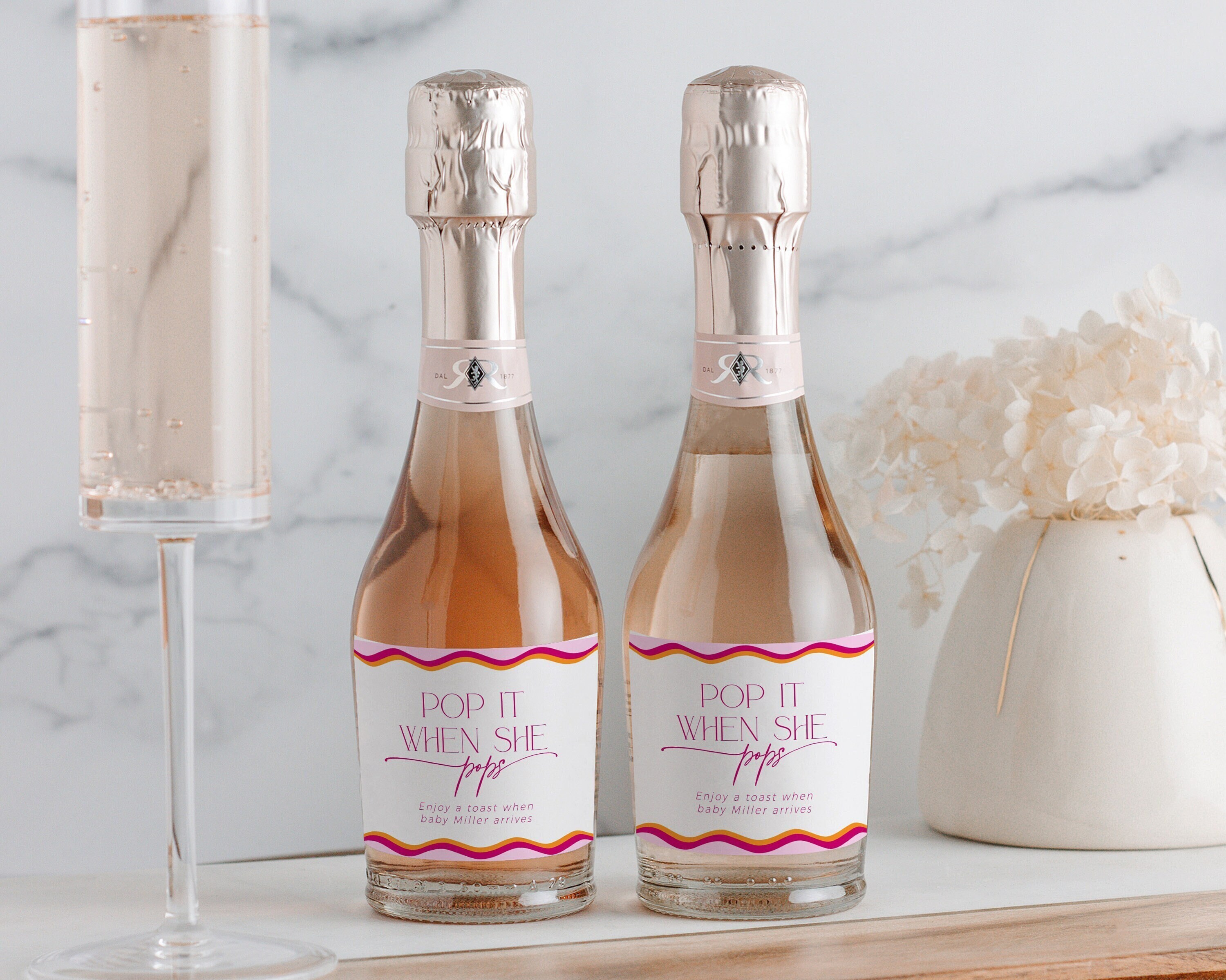 Pink Wavy Border Pop It When She Pops Mini Champagne Label, Girl Baby ...