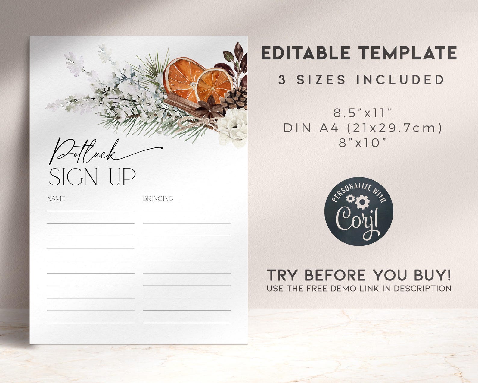 Winter Potluck Sign up Sheet Template Christmas, Printable Xmas Dinner ...