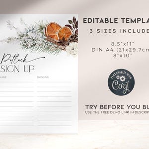 Winter Potluck Sign up Sheet Template Christmas, Printable Xmas Dinner ...