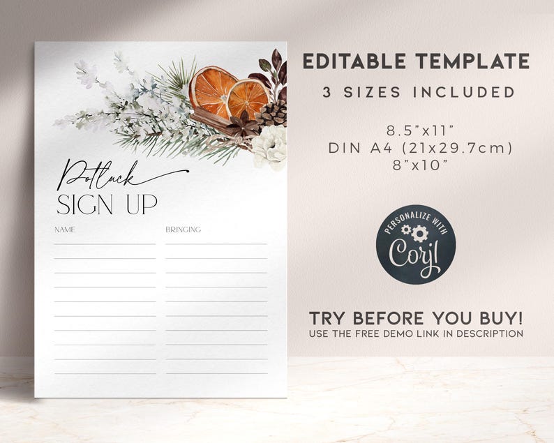 Winter Potluck Sign up Sheet Template Christmas, Printable Xmas Dinner ...