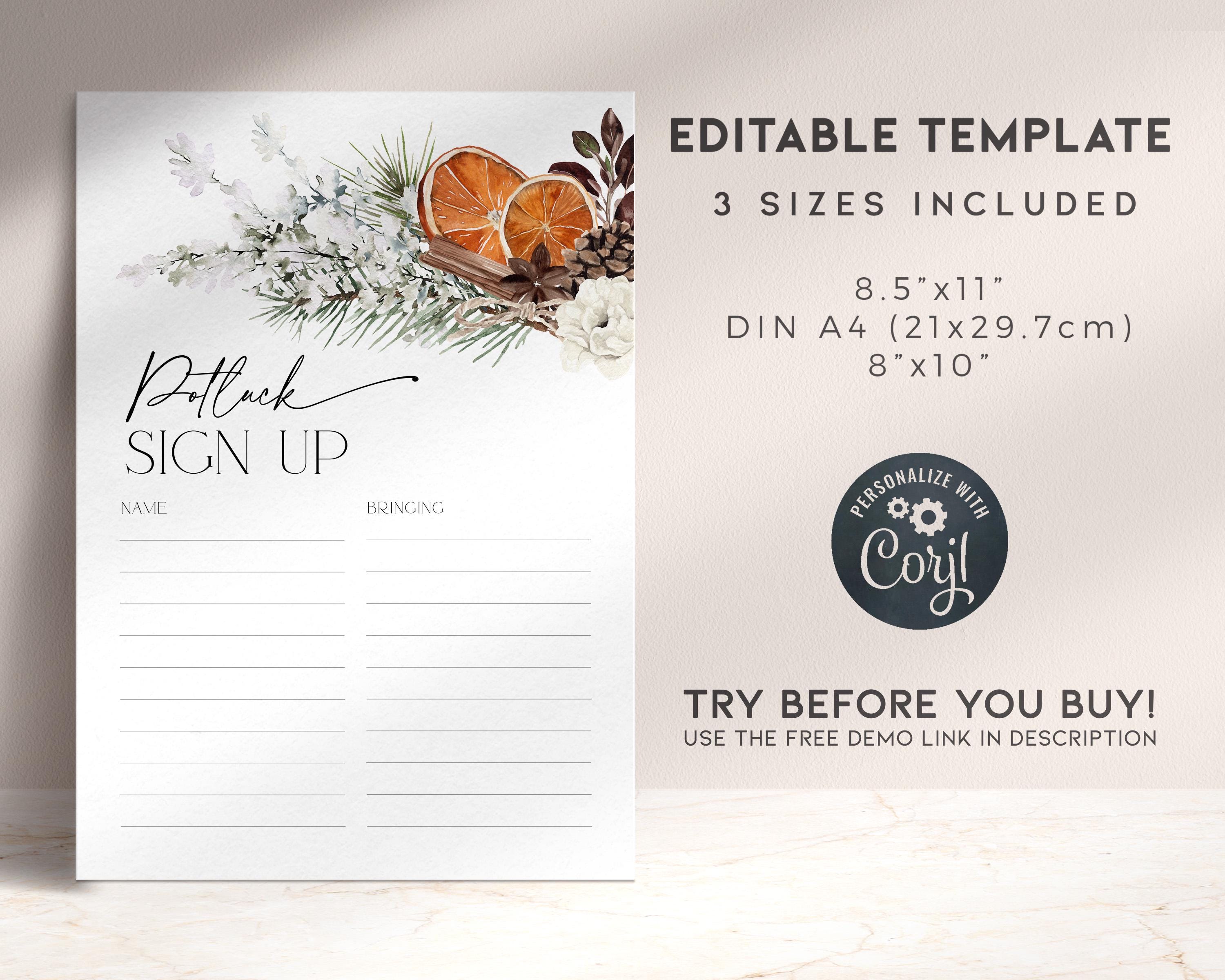 Winter Potluck Sign up Sheet Template Christmas, Printable Xmas Dinner ...