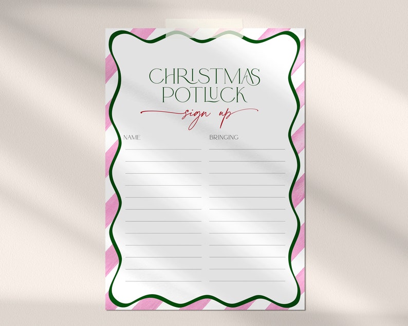 Christmas Potluck Sign up Sheet Template Editable, Printable Xmas ...