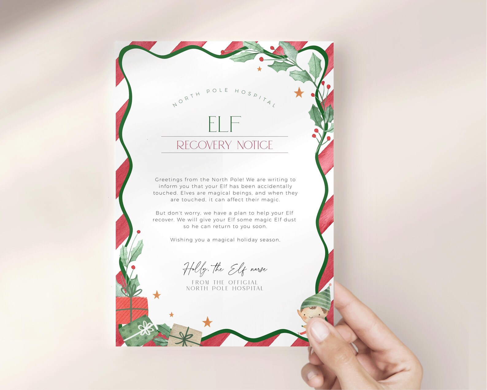 Elf Recovery Notice PRINTABLE, Editable Official Santa Claus Hospital ...