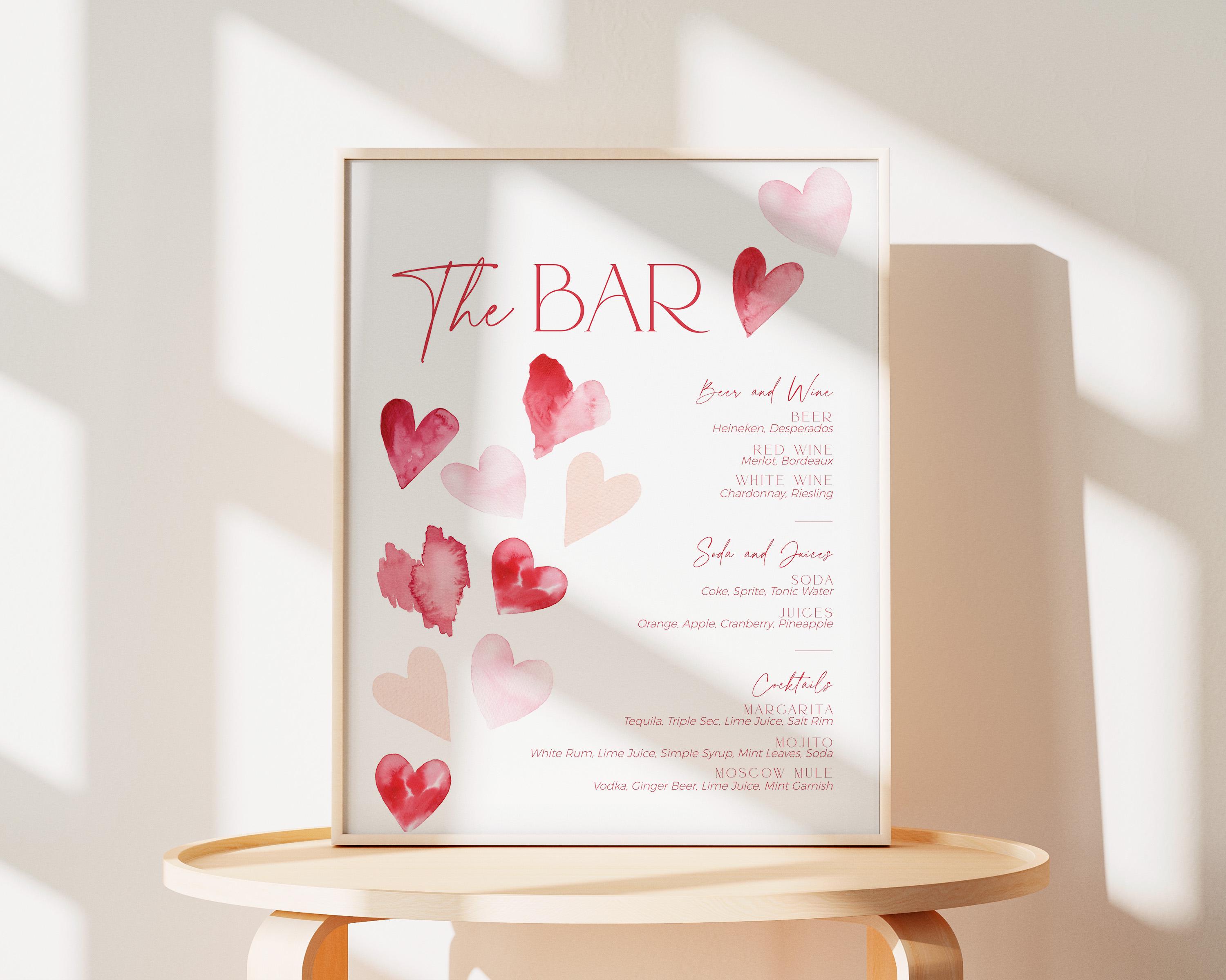Heart Valentine Bar Menu Sign Template, Red and Pink Girl Cocktail ...