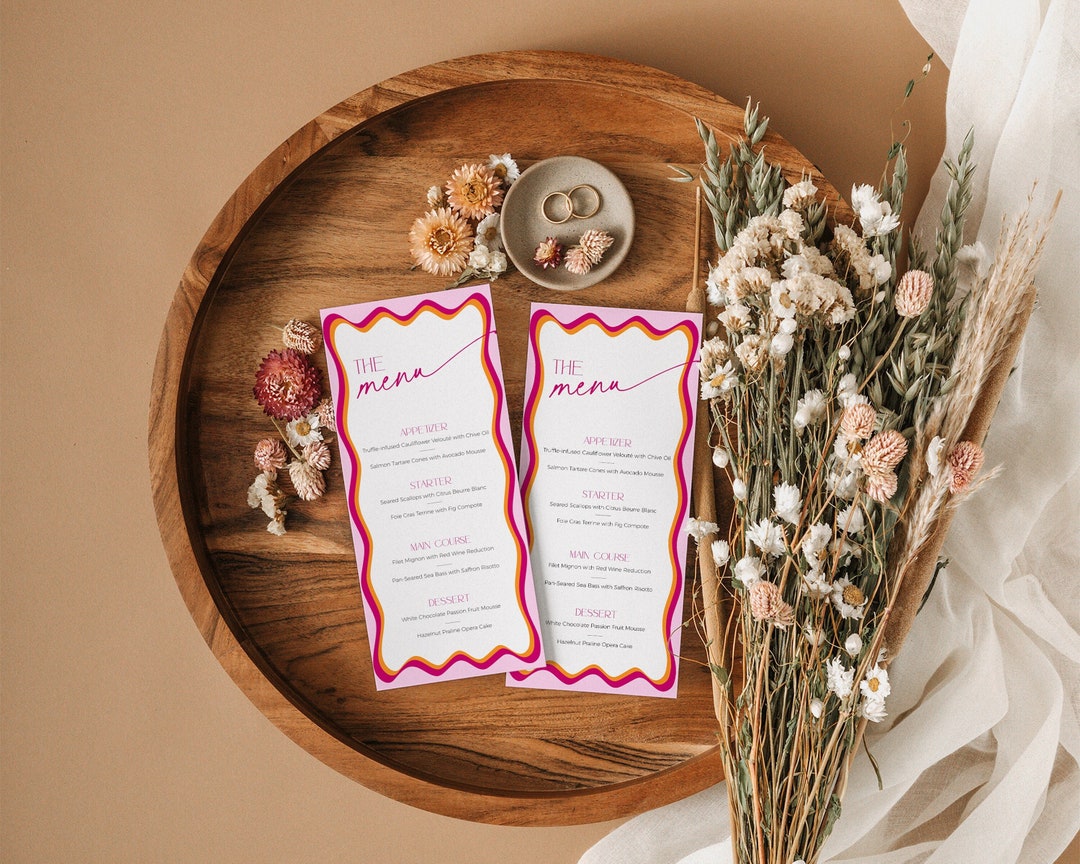 Wavy Border Bachelorette Menu Printable, Pink Retro Bridal Cards for ...