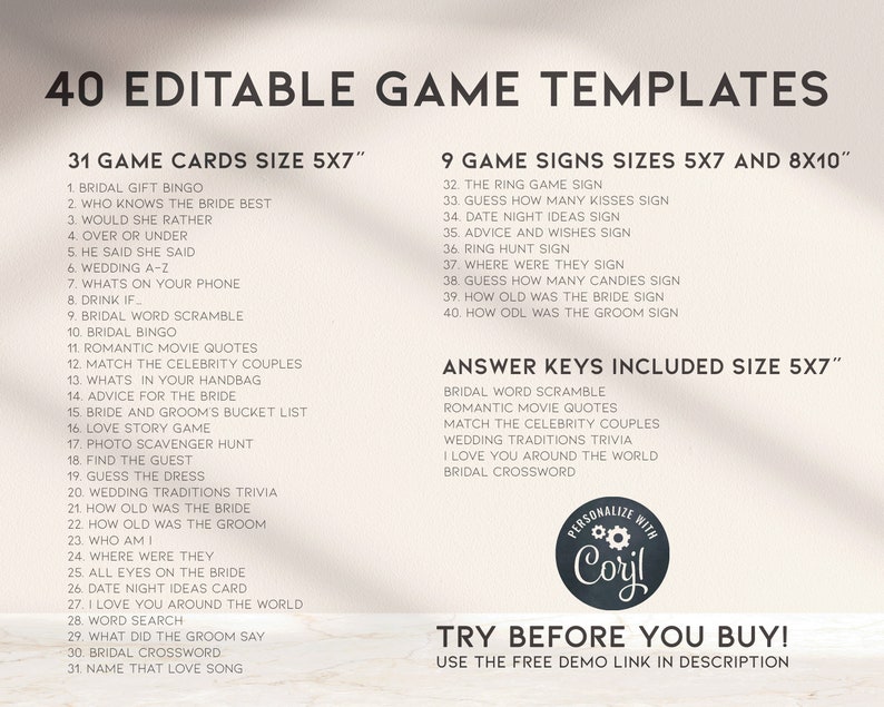 Minimalist Bridal Shower Games Bundle PRINTABLE, Simple Custom Bridal ...