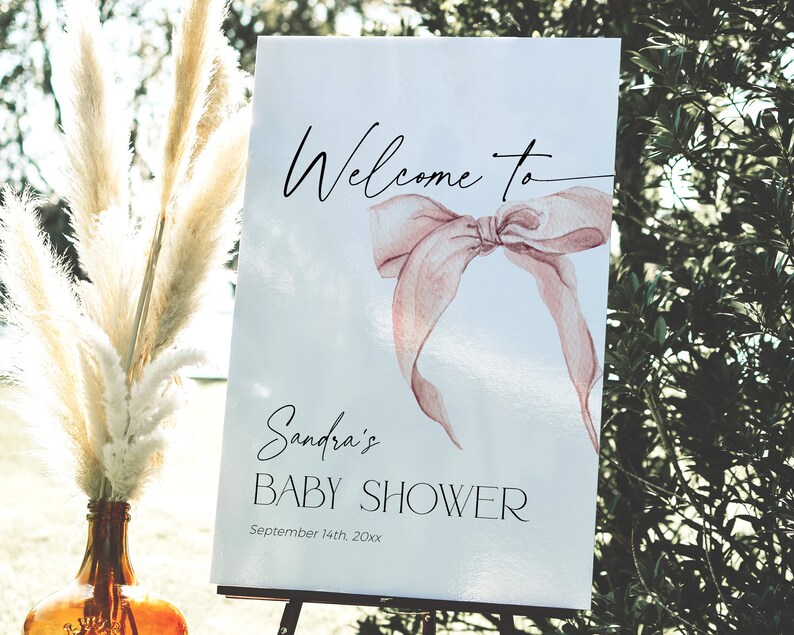 Pink Bow Baby Shower Welcome Sign, Blush Pink Ribbon Signage PRINTABLE ...