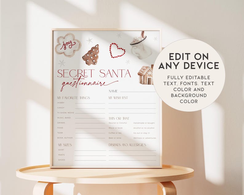 Secret Santa Questionnaire Template Gingerbread, Christmas Cookie Party ...