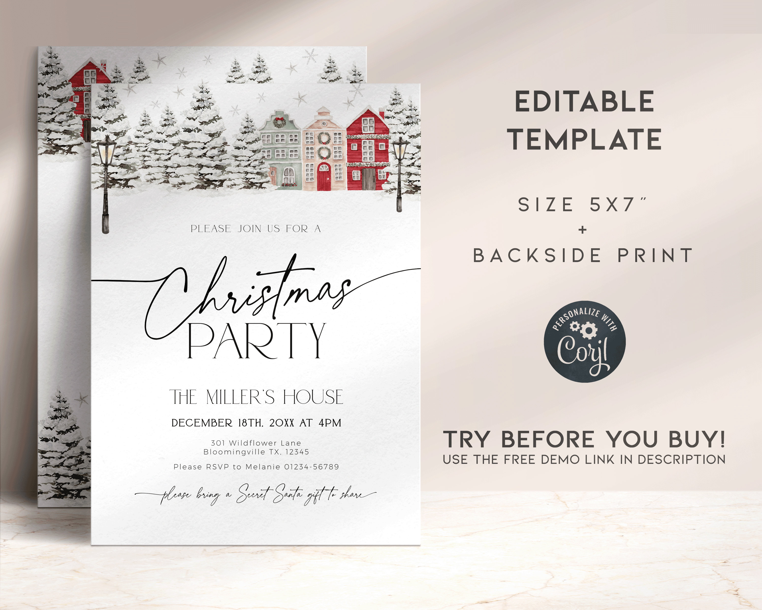 Christmas Village Party Invitation Red House Printable - Etsy