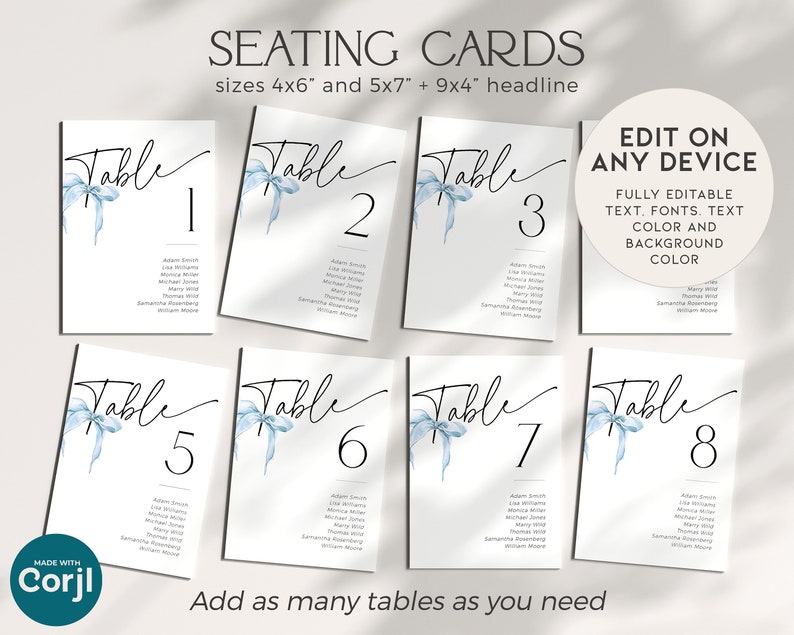 Table Card Seating Chart Template She is Tying the Knot, Blue Wedding Bow Watercolor Find Your ...
