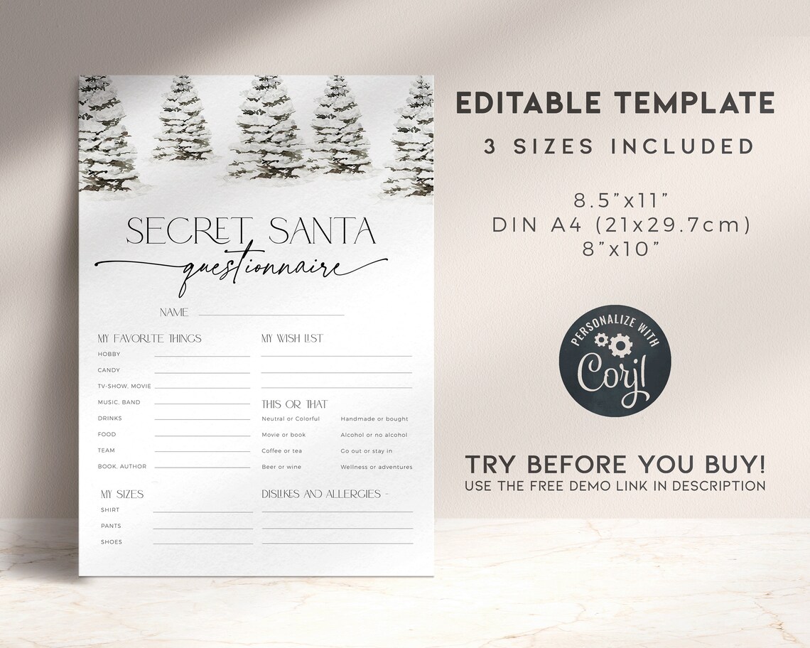 Secret Santa Questionnaire Template, Printable Office Christmas Party ...