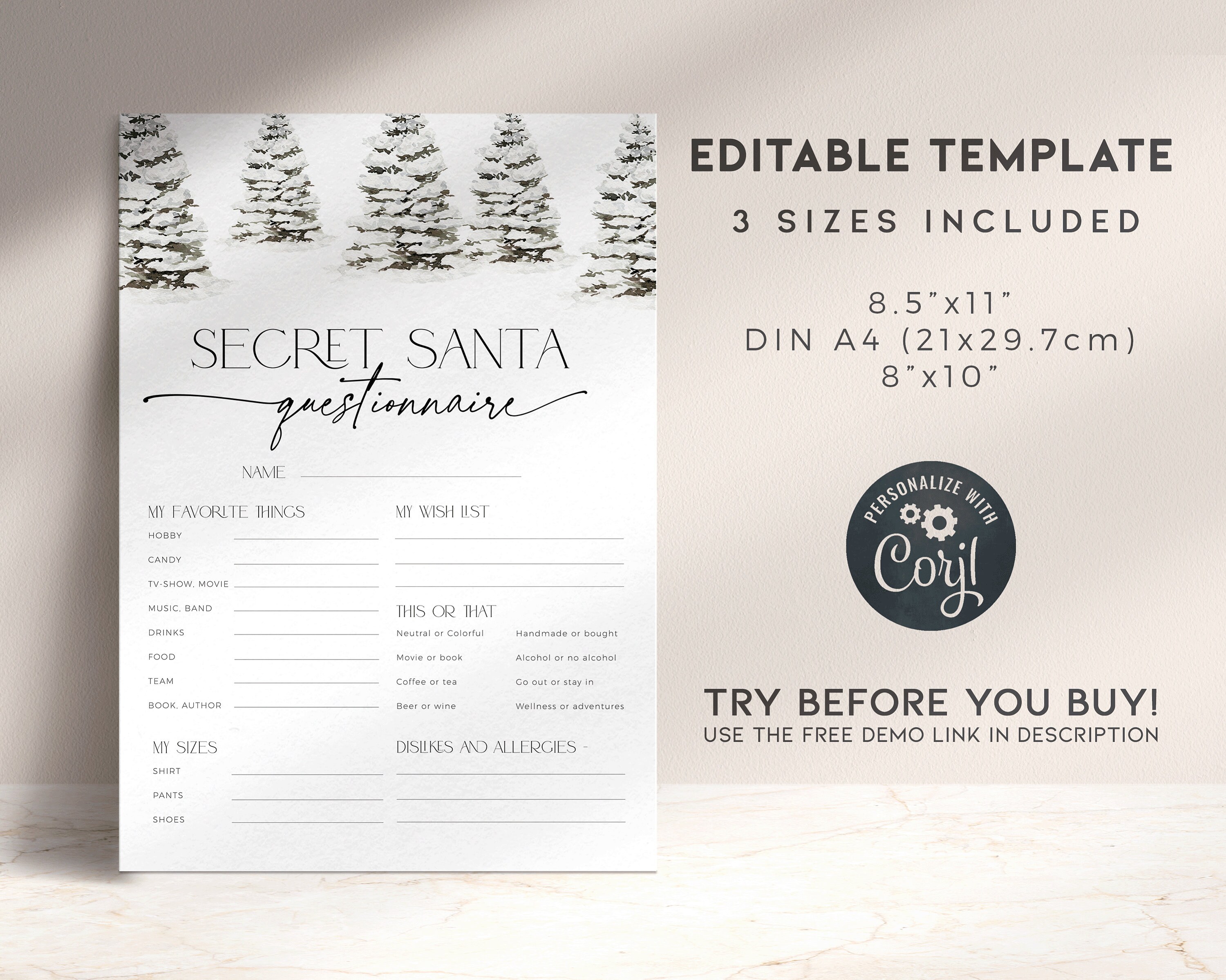 Secret Santa Questionnaire Template, Printable Office Christmas Party ...