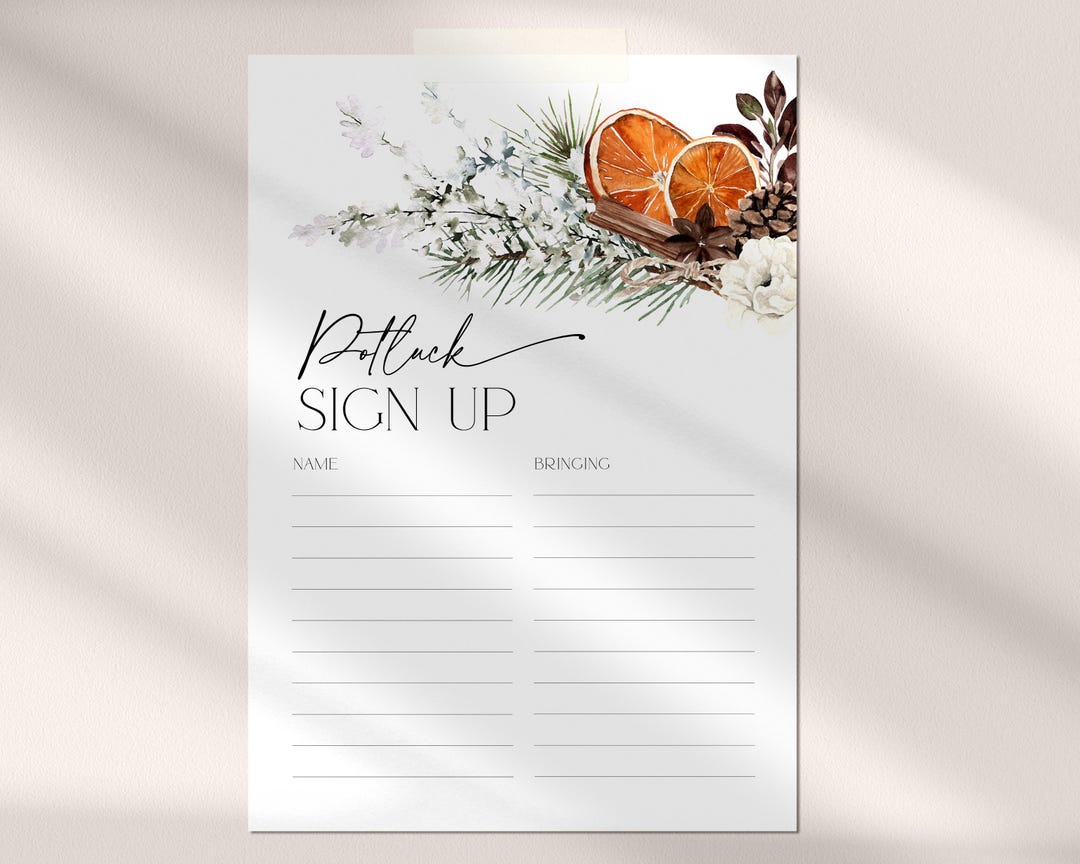 Winter Potluck Sign up Sheet Template Christmas, Printable Xmas Dinner ...