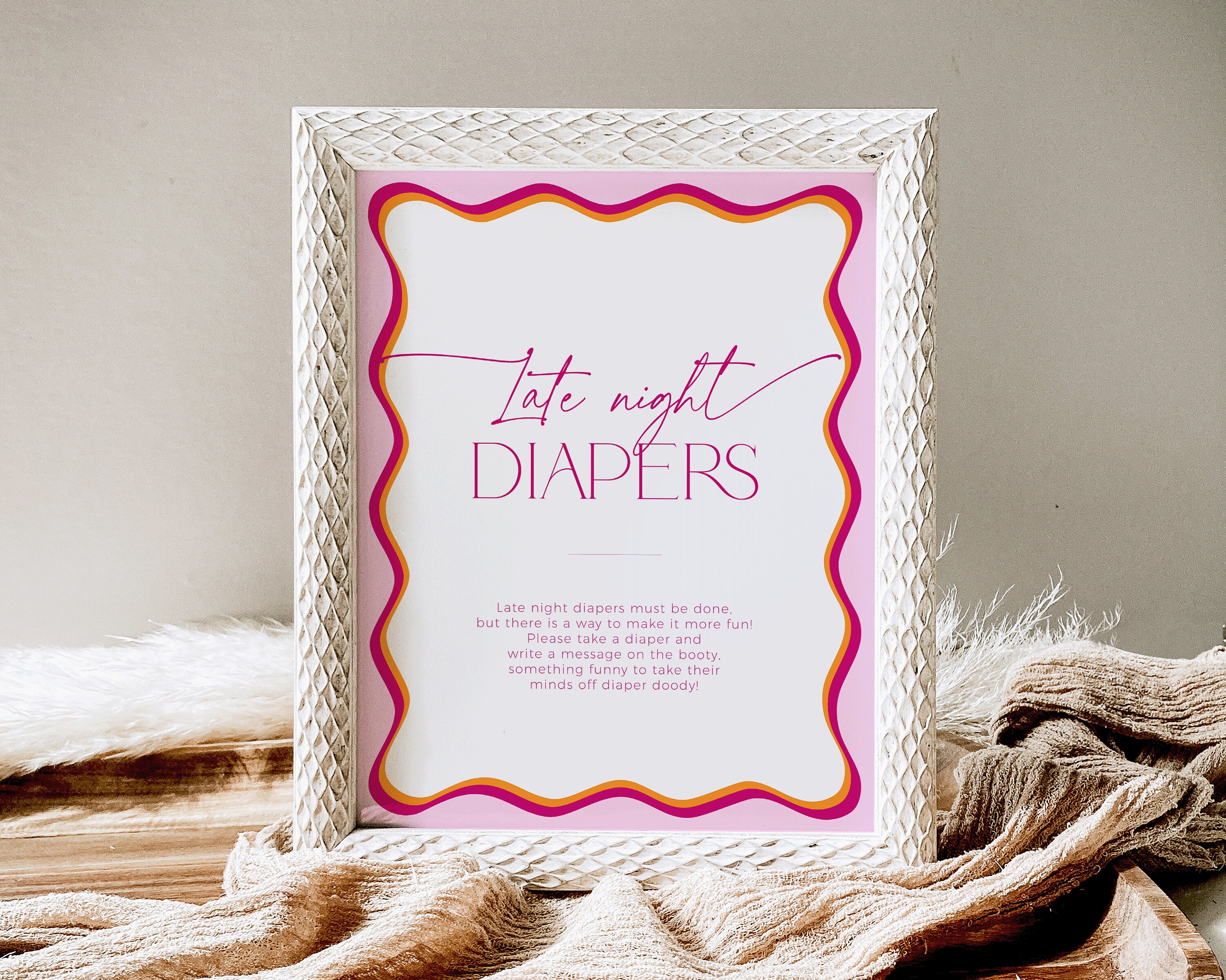 Wavy Border Late Night Diapers Sign, Hot Pink Baby Shower Game ...