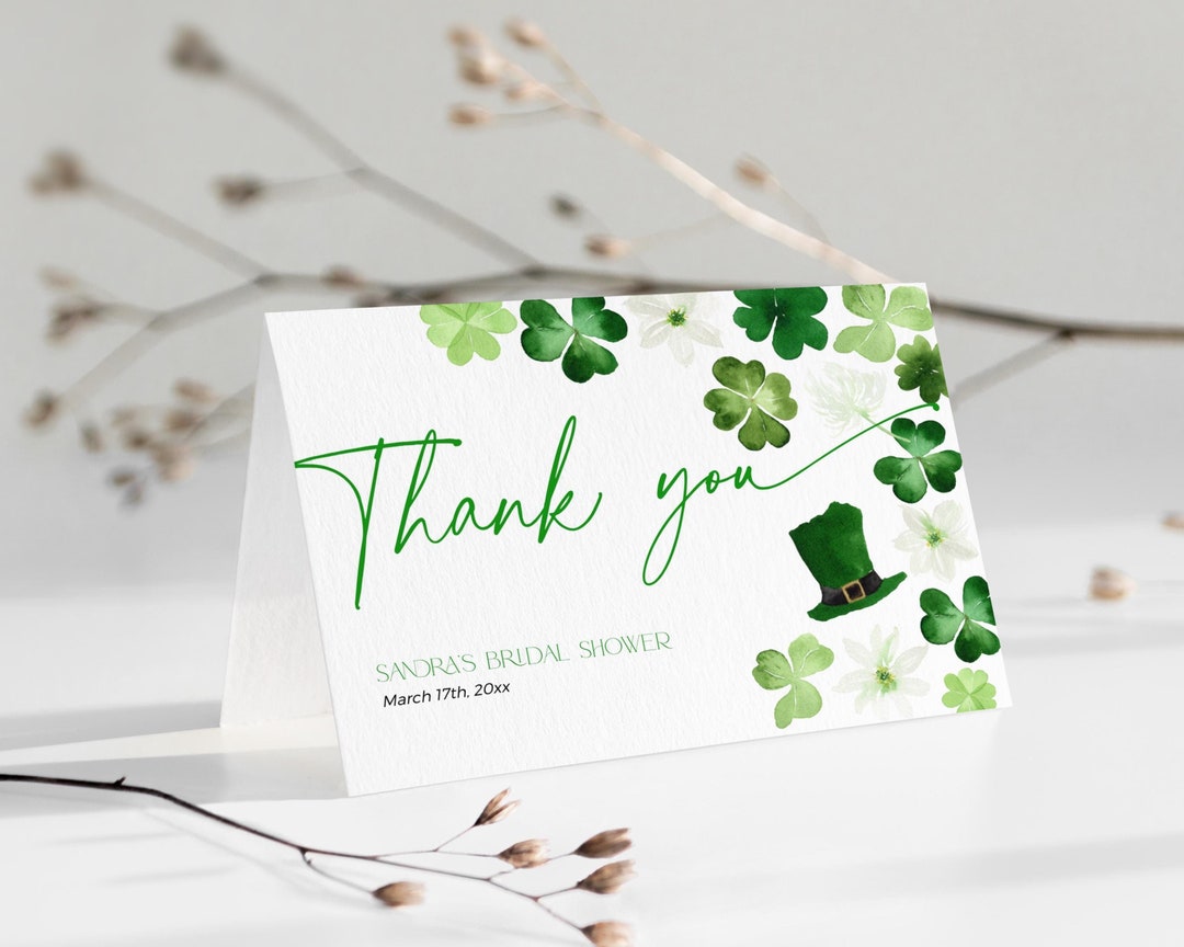 St Patricks Day Thank You Card Bridal Shower, Green Shamrock Thanks ...