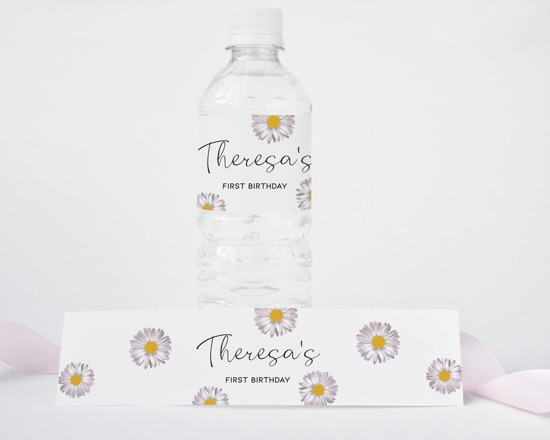 Daisy Birthday Water Bottle Label Editable Template, Floral Party Wrapper Printable Boy, Baby in ...