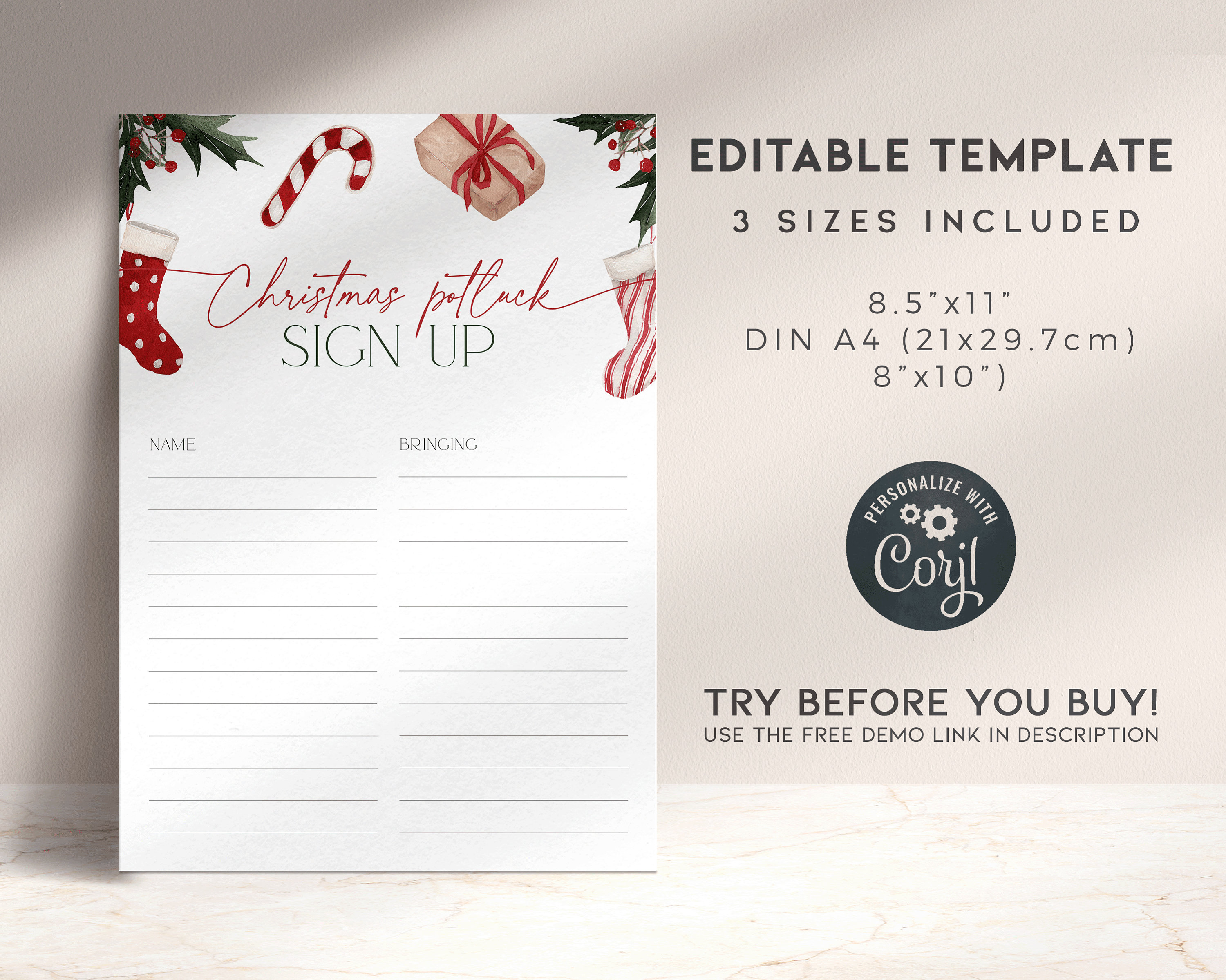 Christmas Potluck Sign up Sheet Template Editable, Printable Xmas ...