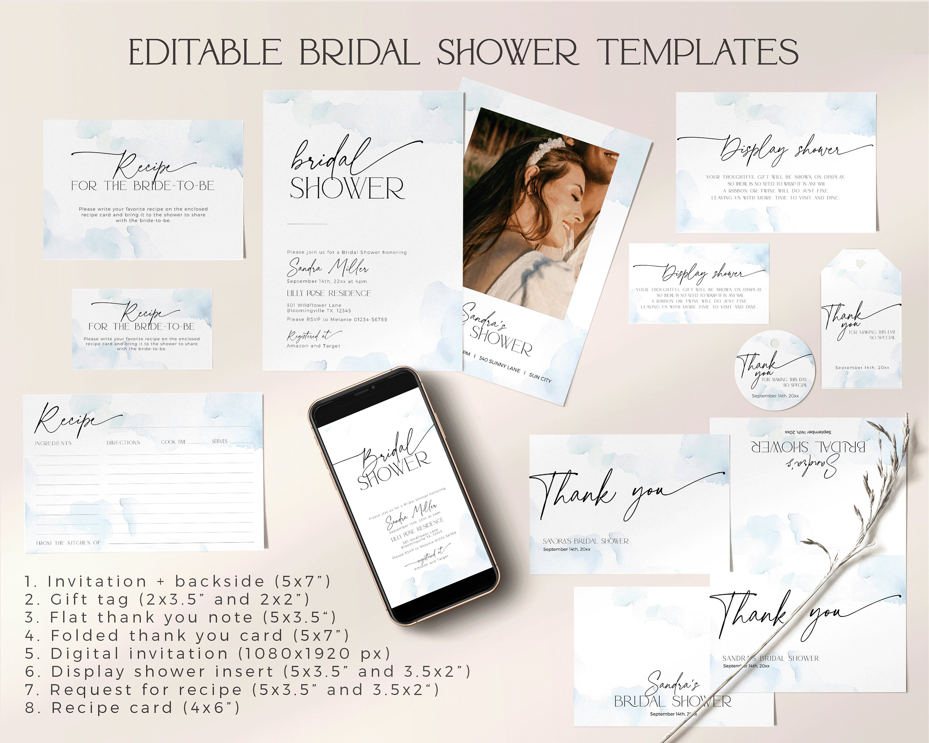 Cloud Nine Bridal Shower Invitation BUNDLE, Dusty Blue Party Theme Printable, Cloud 9 Digital ...