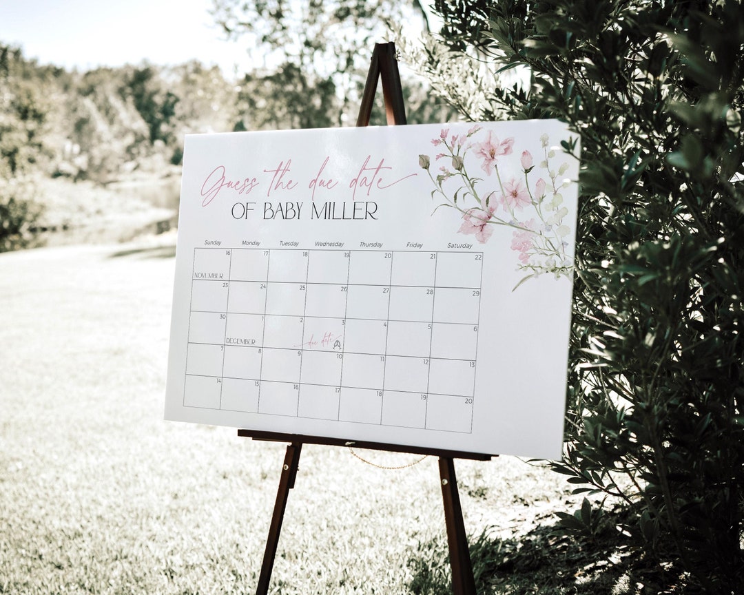 Blush Pink Floral Guess the Due Date Poster Calender Game, Baby in ...