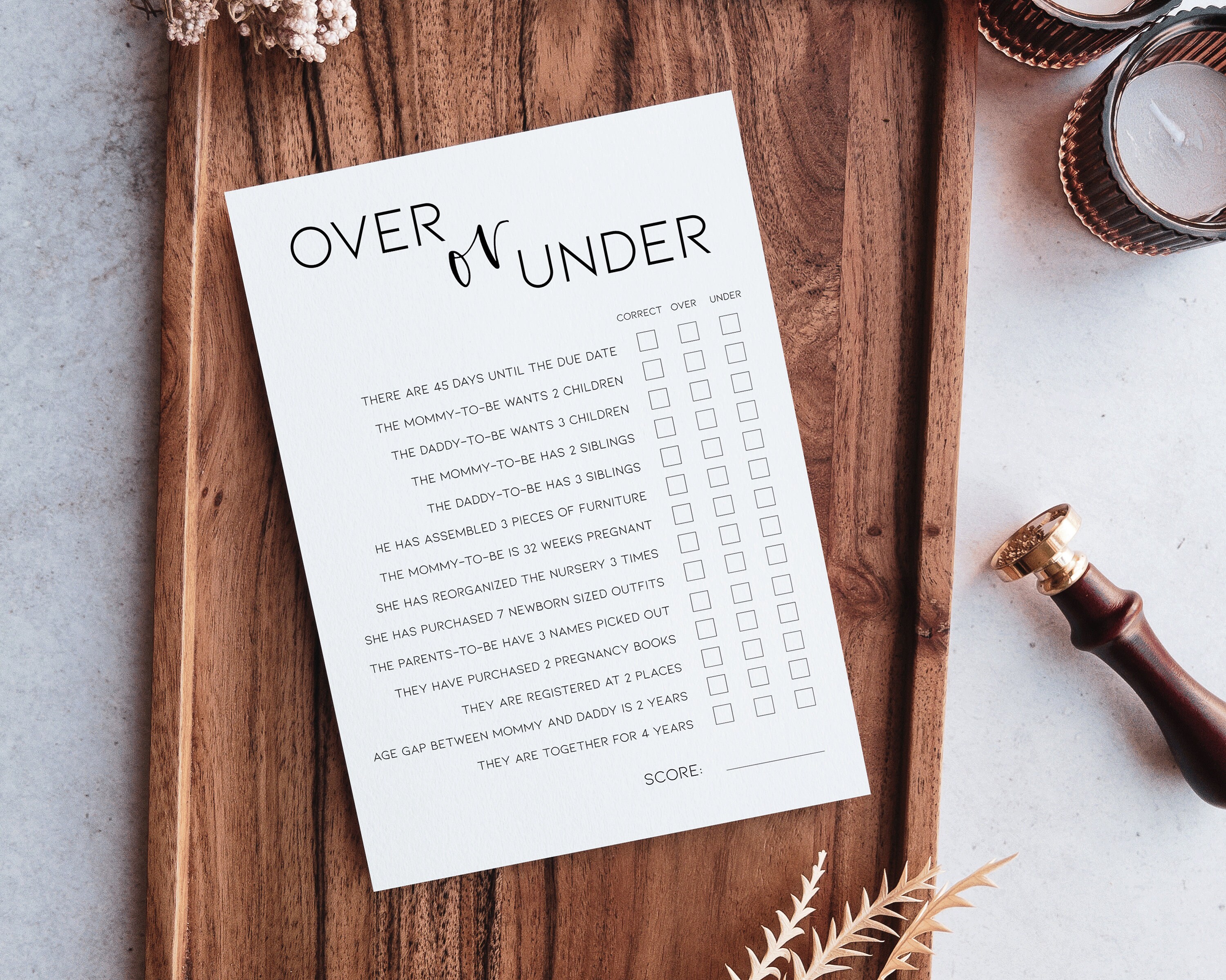 Minimalist Baby Shower Game Over or Under Trivia Printable, Modern Fun ...