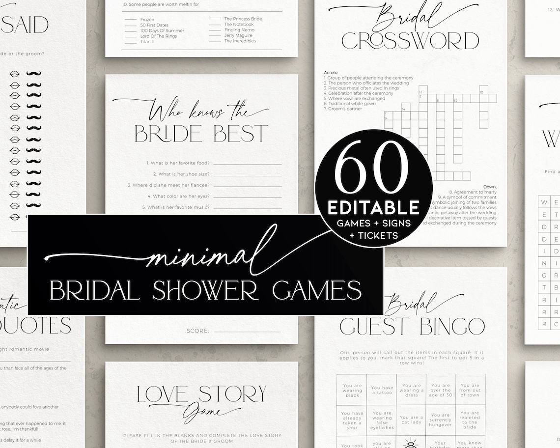 Minimalist Bridal Shower Games Bundle PRINTABLE, Simple Custom Bridal ...