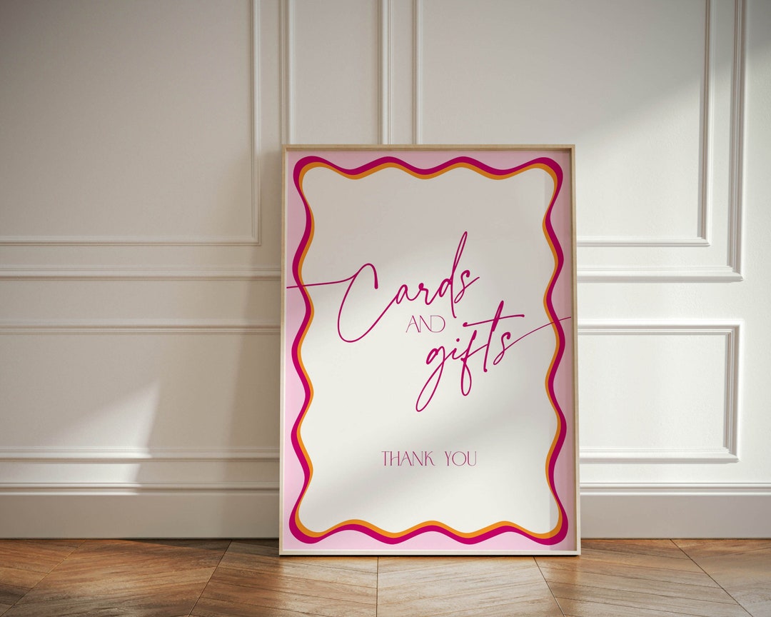 Pink Wavy Border Cards and Gifts Sign Bridal Shower, Modern Baby Party ...