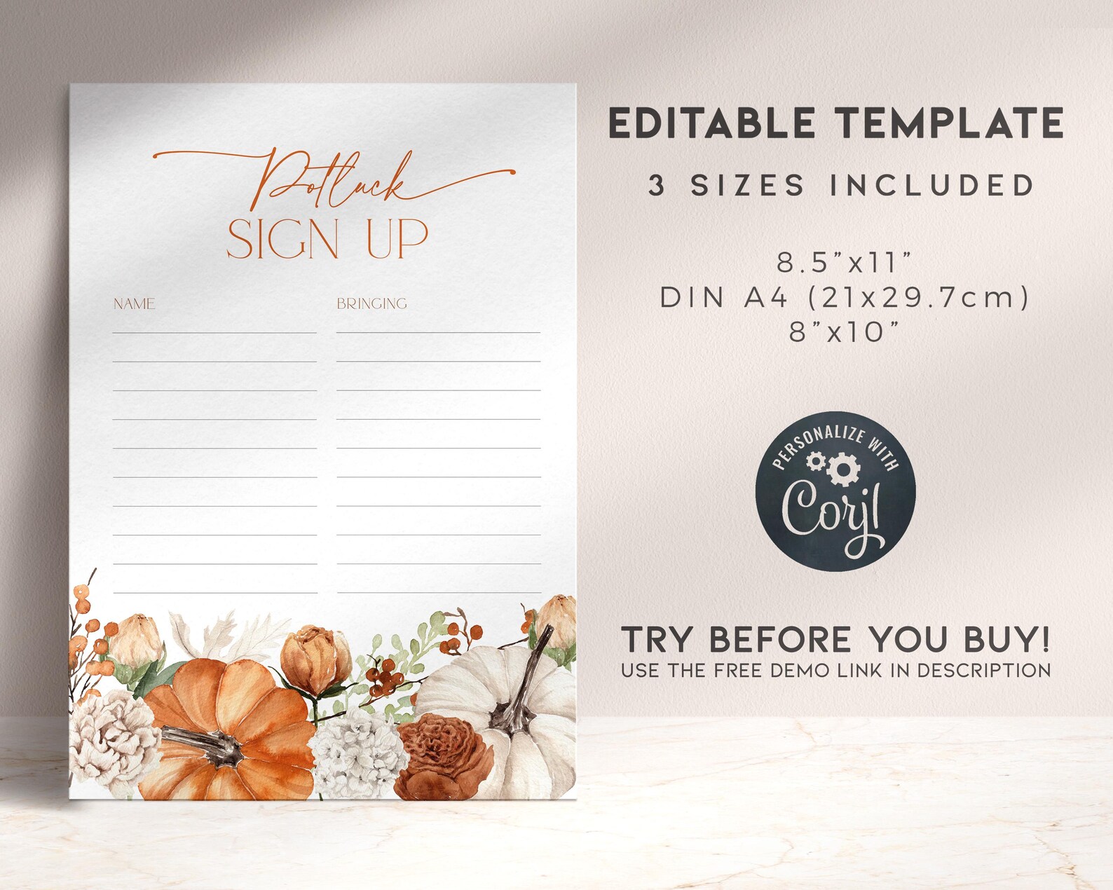 Thanksgiving Sign-up Sheet, Fall Food Potluck Sign up List, Pumpkin ...