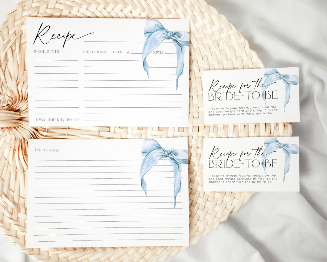 Blue Bow Recipe Card Template Bridal Shower Invitation, Editable She's ...