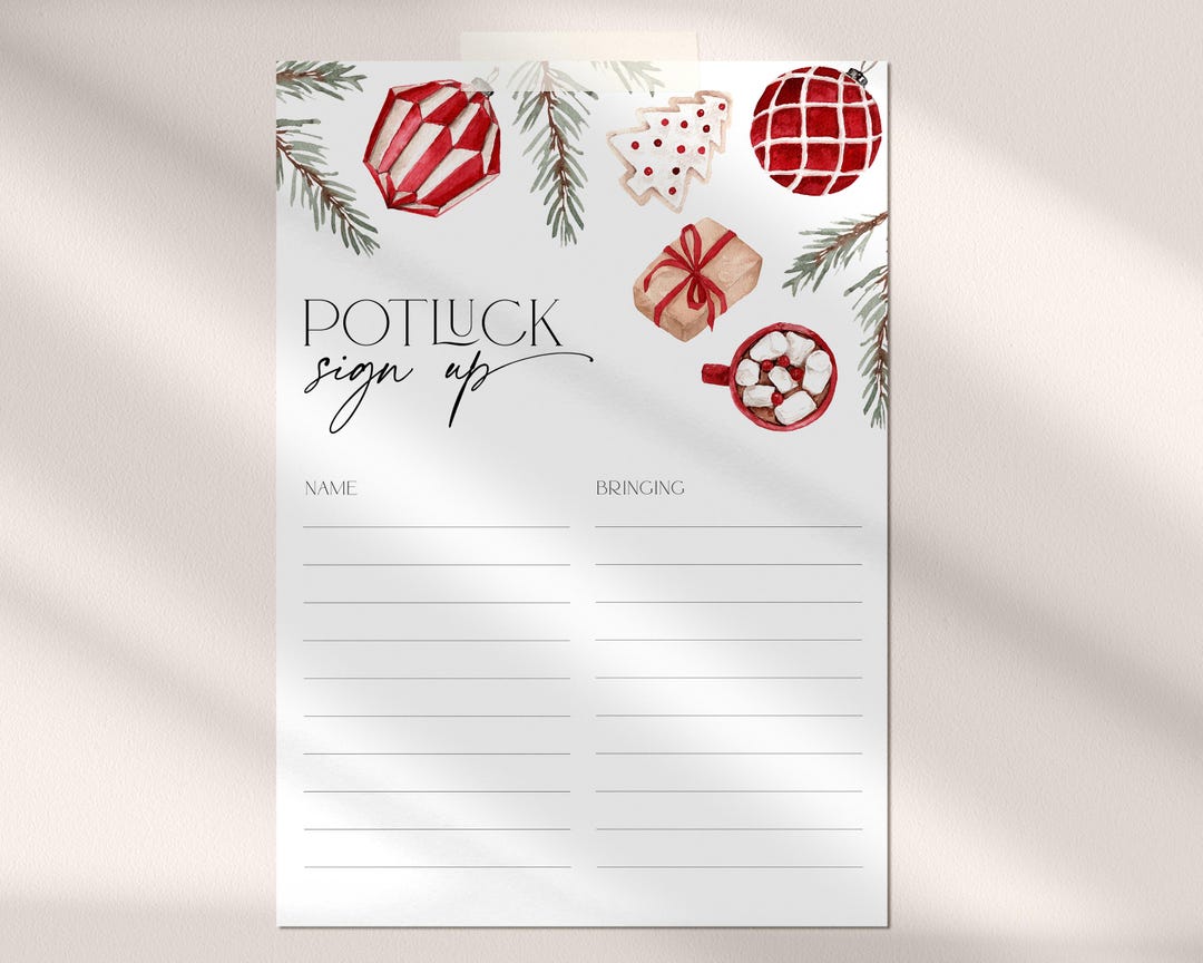 Christmas Potluck Sign up Sheet Template, Printable Xmas Dinner Food ...