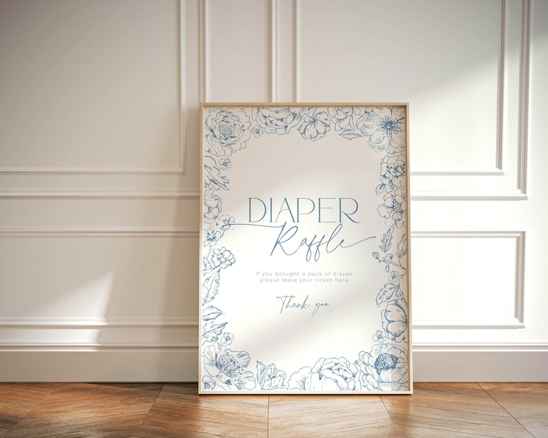 Blue Wildflower Toile De Jouy Diaper Raffle Sign Baby in Bloom Shower ...