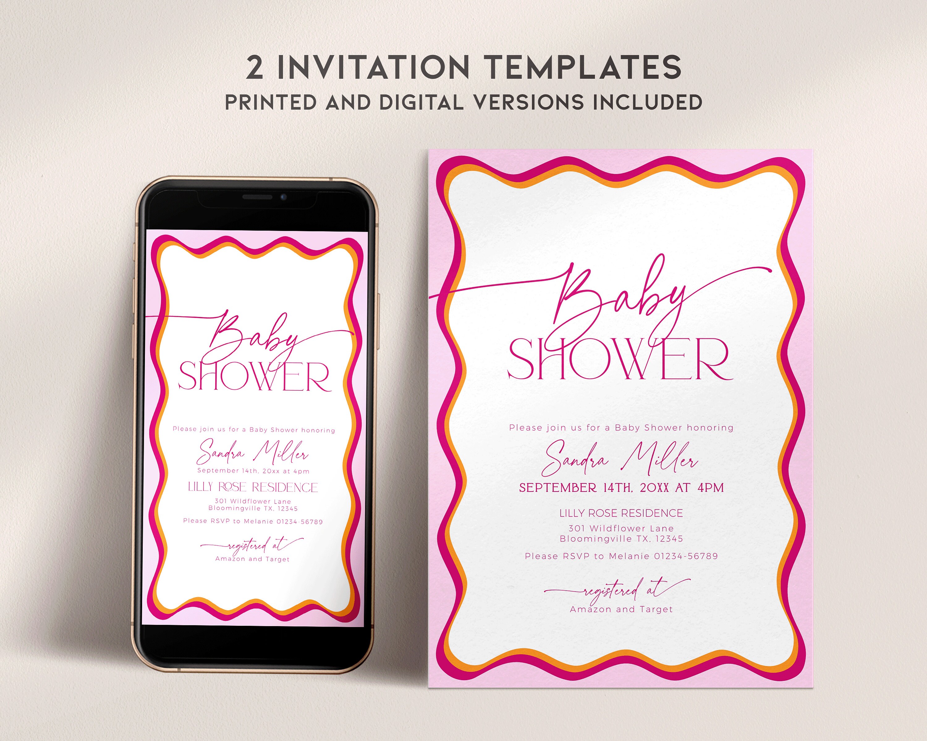 Wavy Border Baby Shower Invitation Bundle, Hot Pink Online Invite Set ...