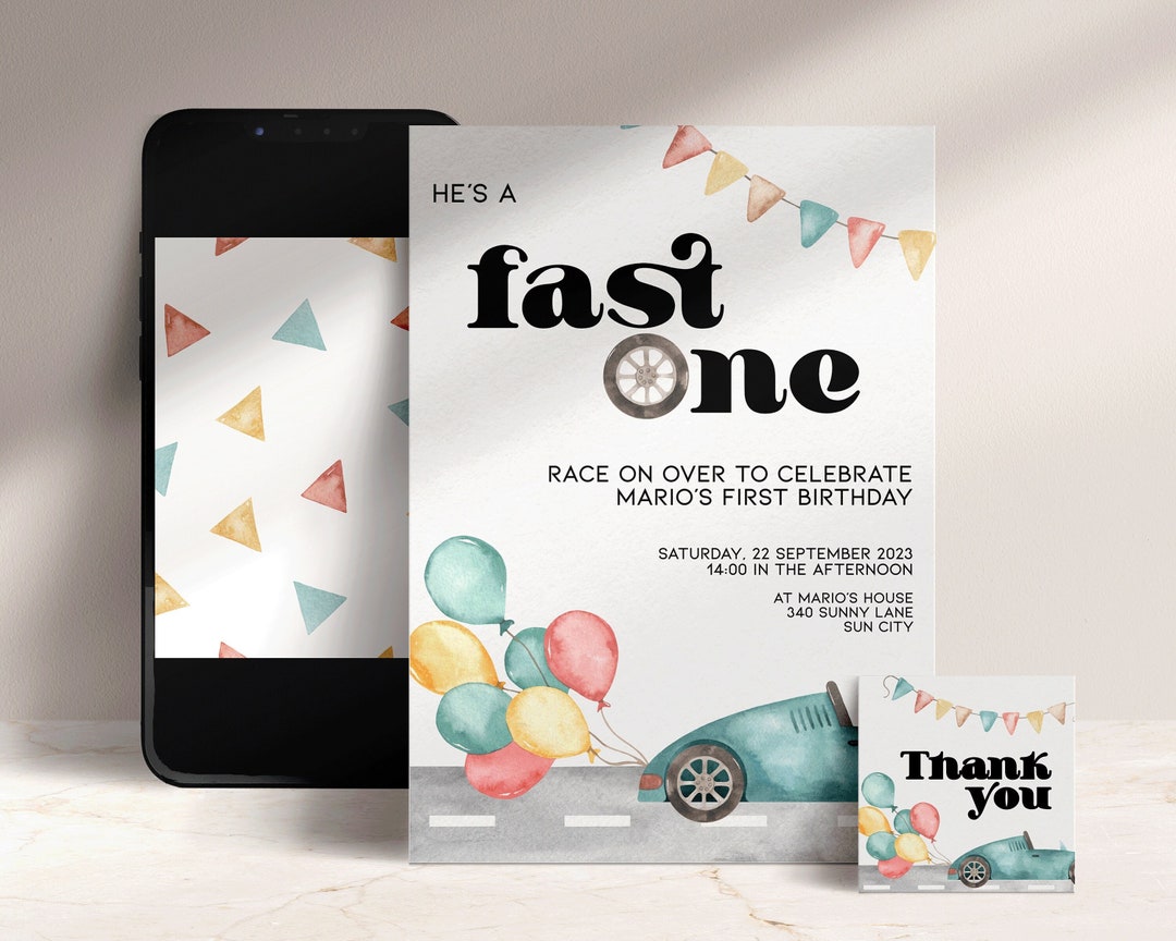 Editable Fast One Birthday Invitation, 1st Birthday Party Invite ...