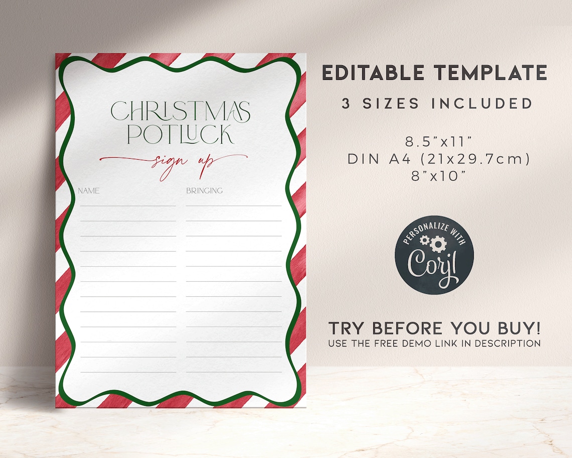 Potluck Sign up Sheet Printable Christmas, Editable Food Bringing List ...