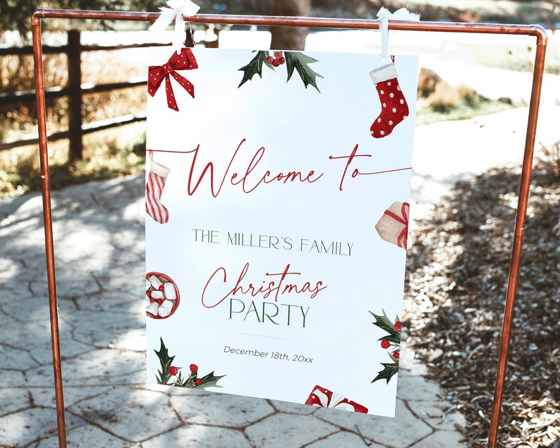 Christmas Party Welcome Sign Printable, Red Green Holiday Event Signage ...