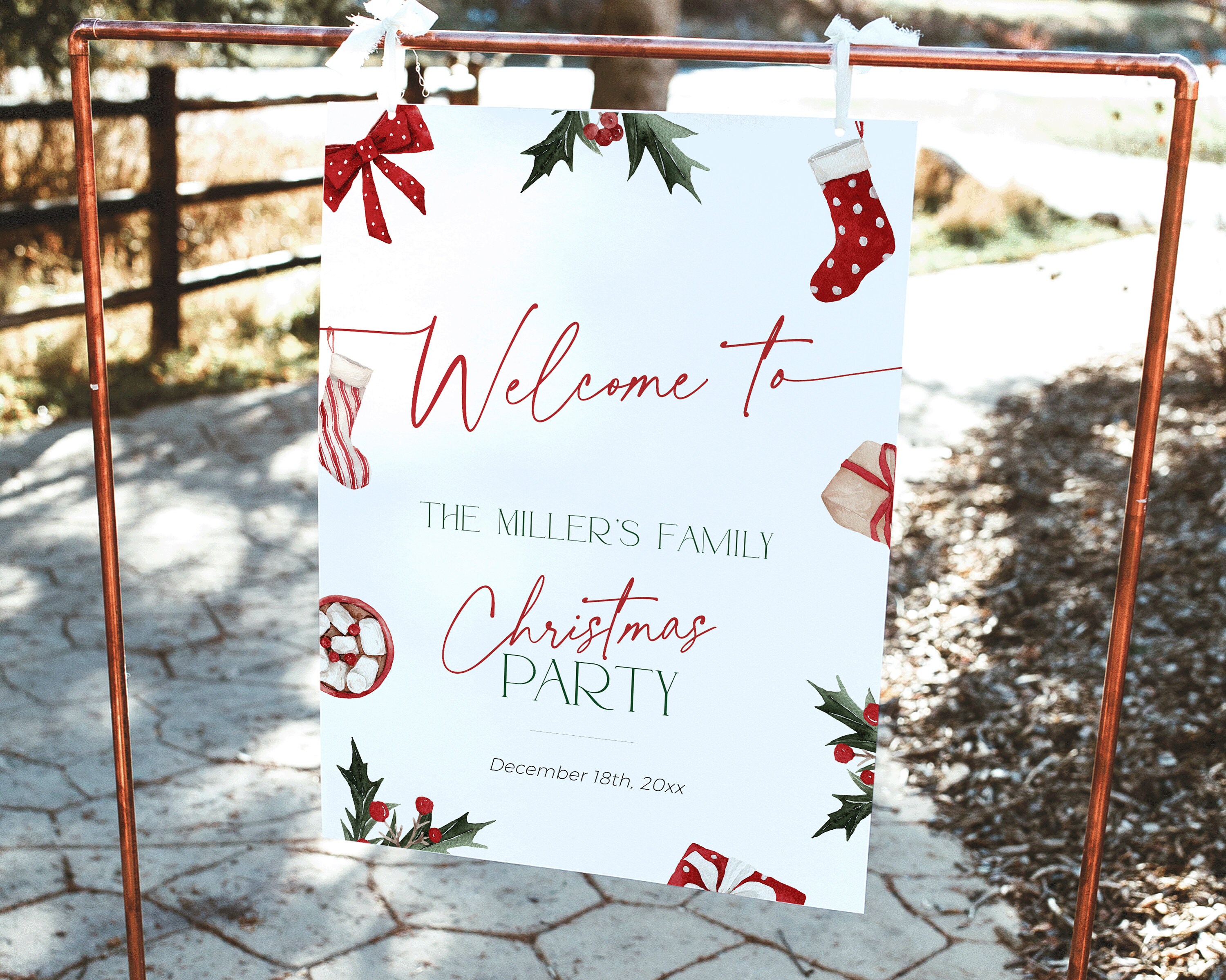 Christmas Party Welcome Sign Printable, Red Green Holiday Event Signage ...
