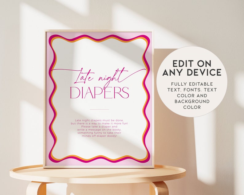 Wavy Border Late Night Diapers Sign, Hot Pink Baby Shower Game ...