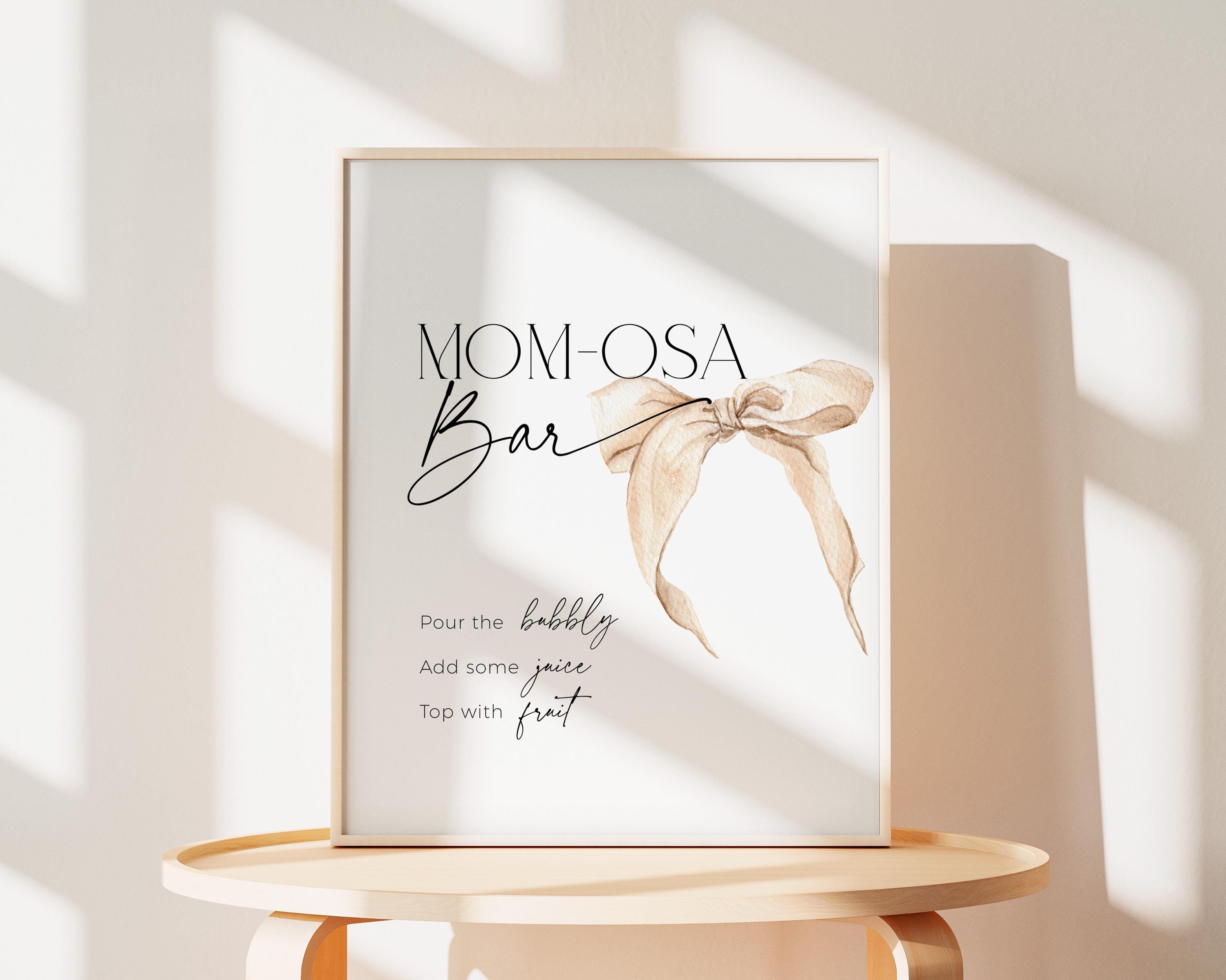 Beige Bow Mom-osa Bar Sign, Coquette Gender Neutral Baby Shower ...