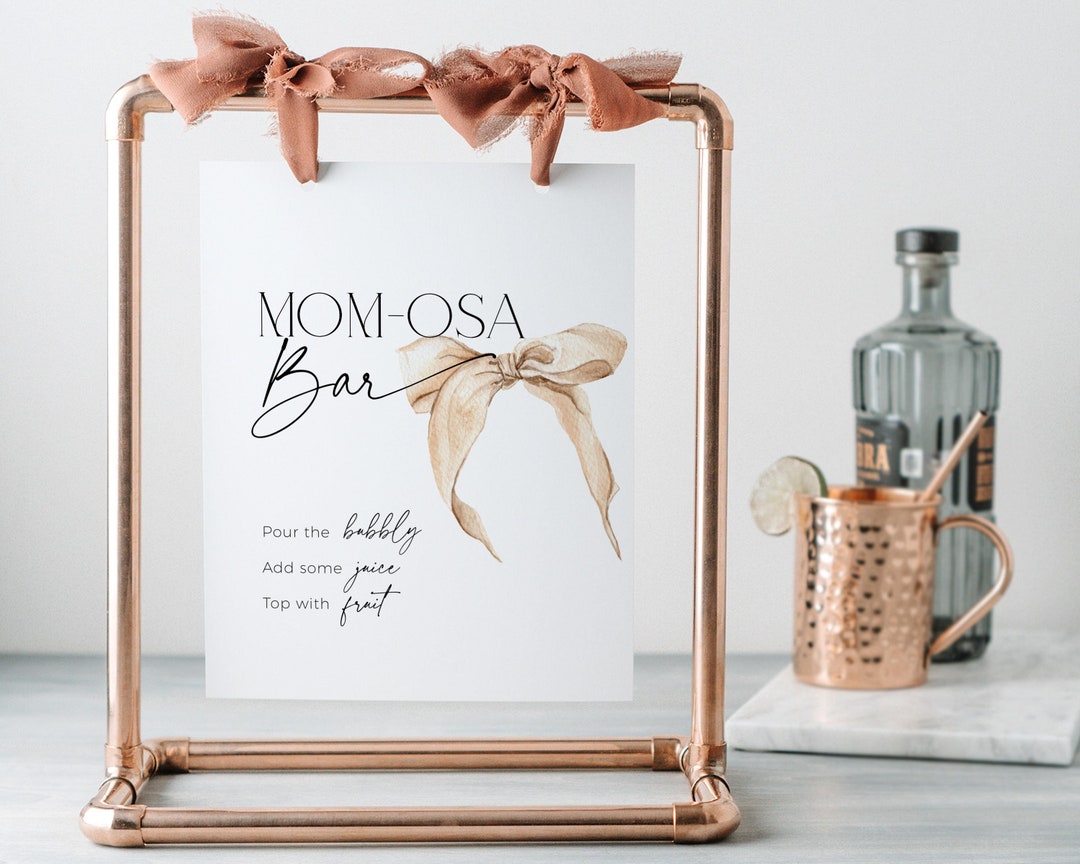 Beige Bow Mom-osa Bar Sign, Coquette Gender Neutral Baby Shower ...