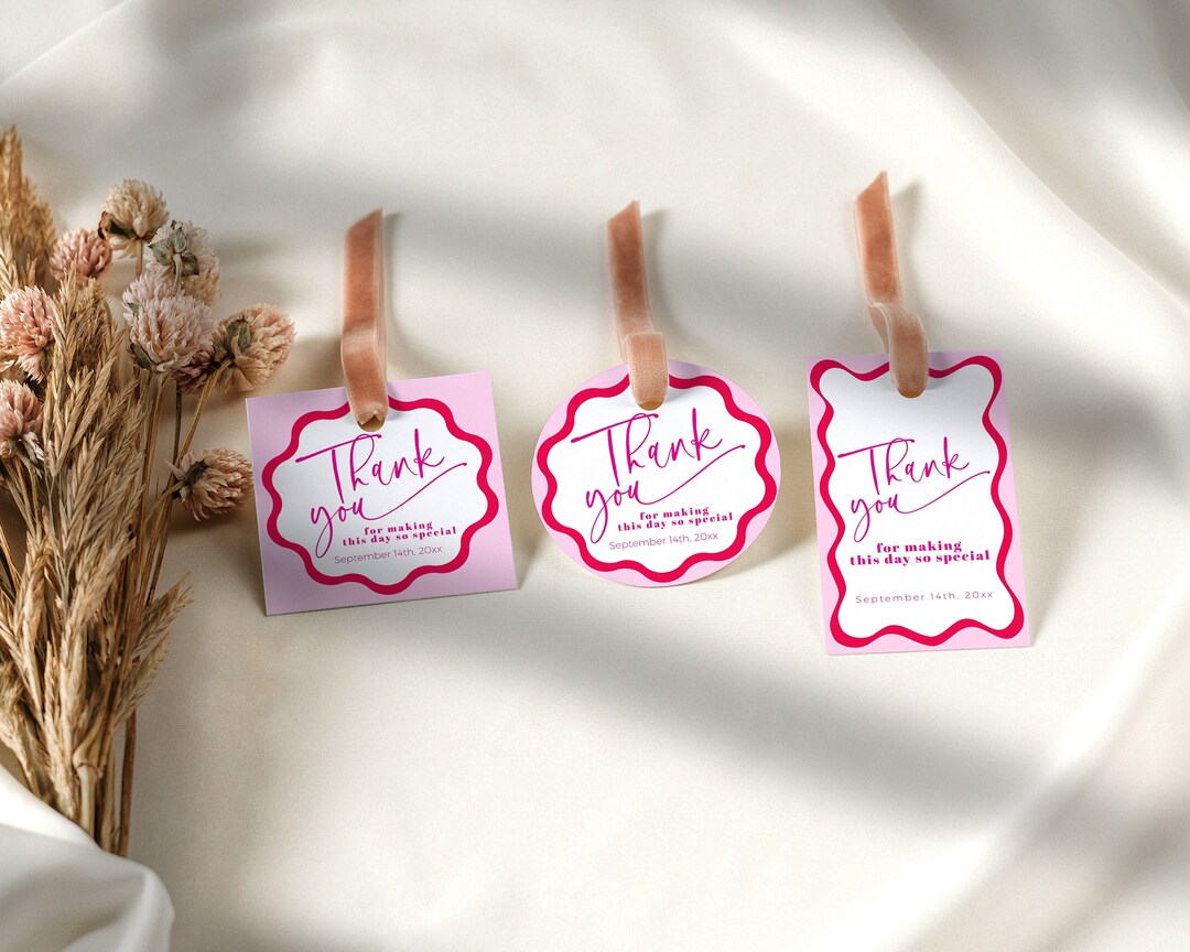 Hot Pink Wavy Border Thank You Tag Printable, Bridal Shower Favor Bag ...