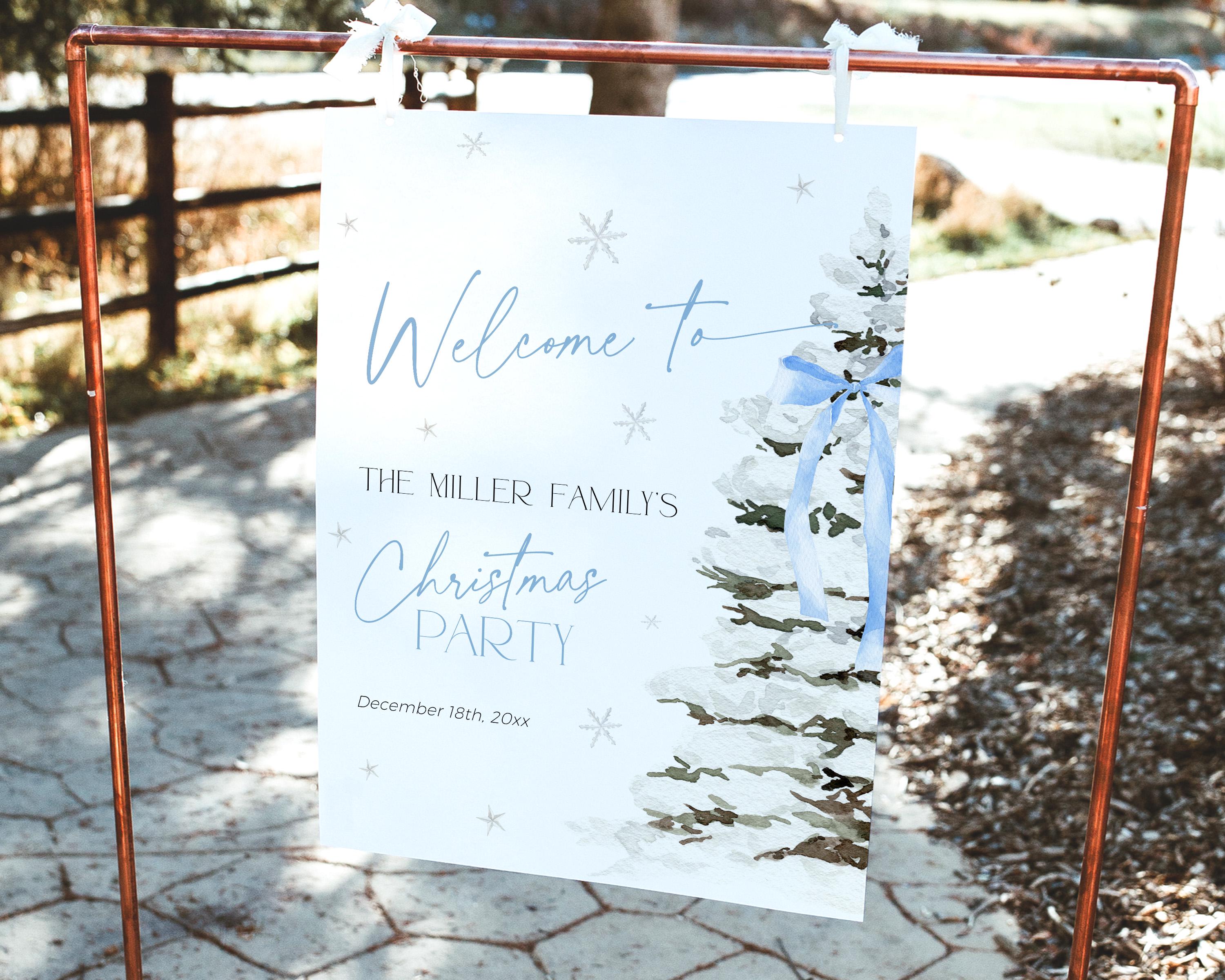 Blue Bow Christmas Tree Welcome Sign Printable, Snowflake Holiday Event ...