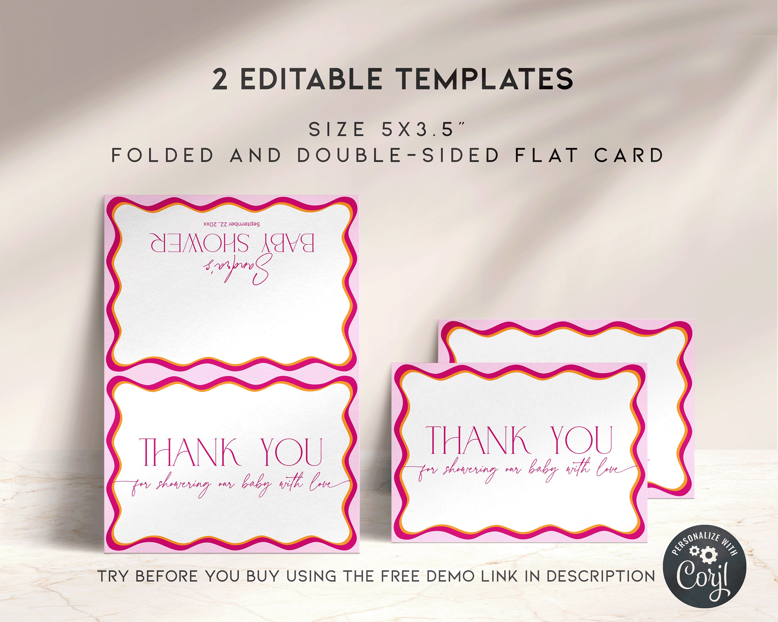 Wavy Border Baby Shower Thank You Note INSTANT DOWNLOAD, Fuchsia Pink ...