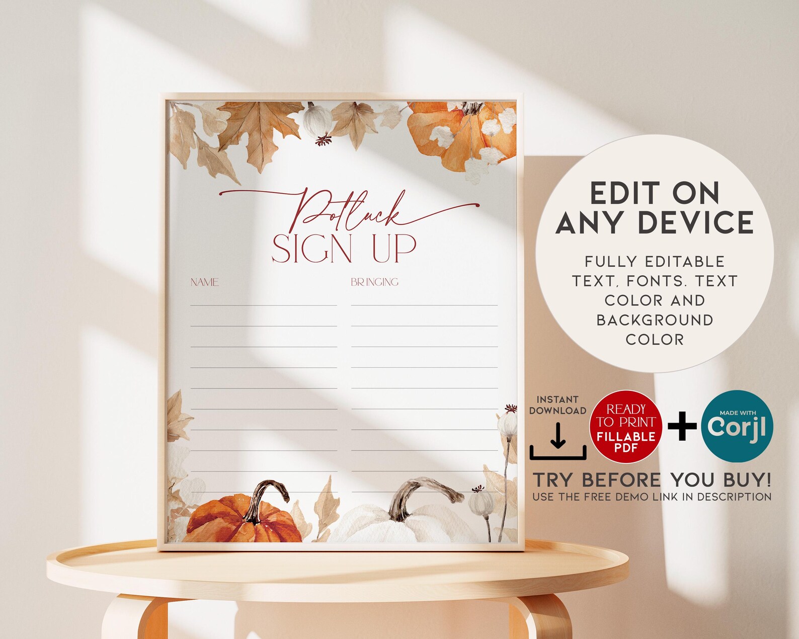 Thanksgiving Sign-up Sheet, Fall Food Potluck Sign up List, Pumpkin ...