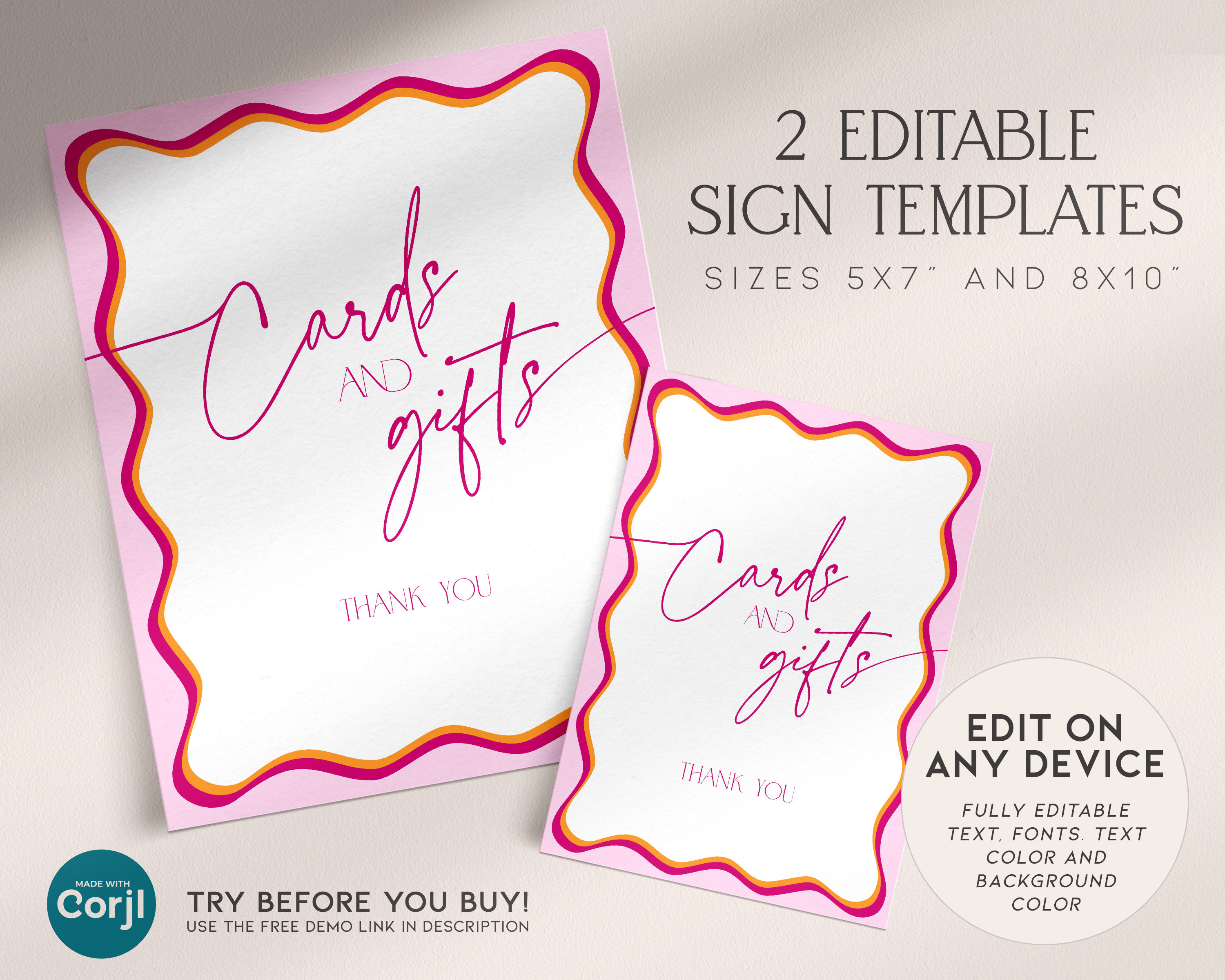 Pink Wavy Border Cards and Gifts Sign Bridal Shower, Modern Baby Party ...