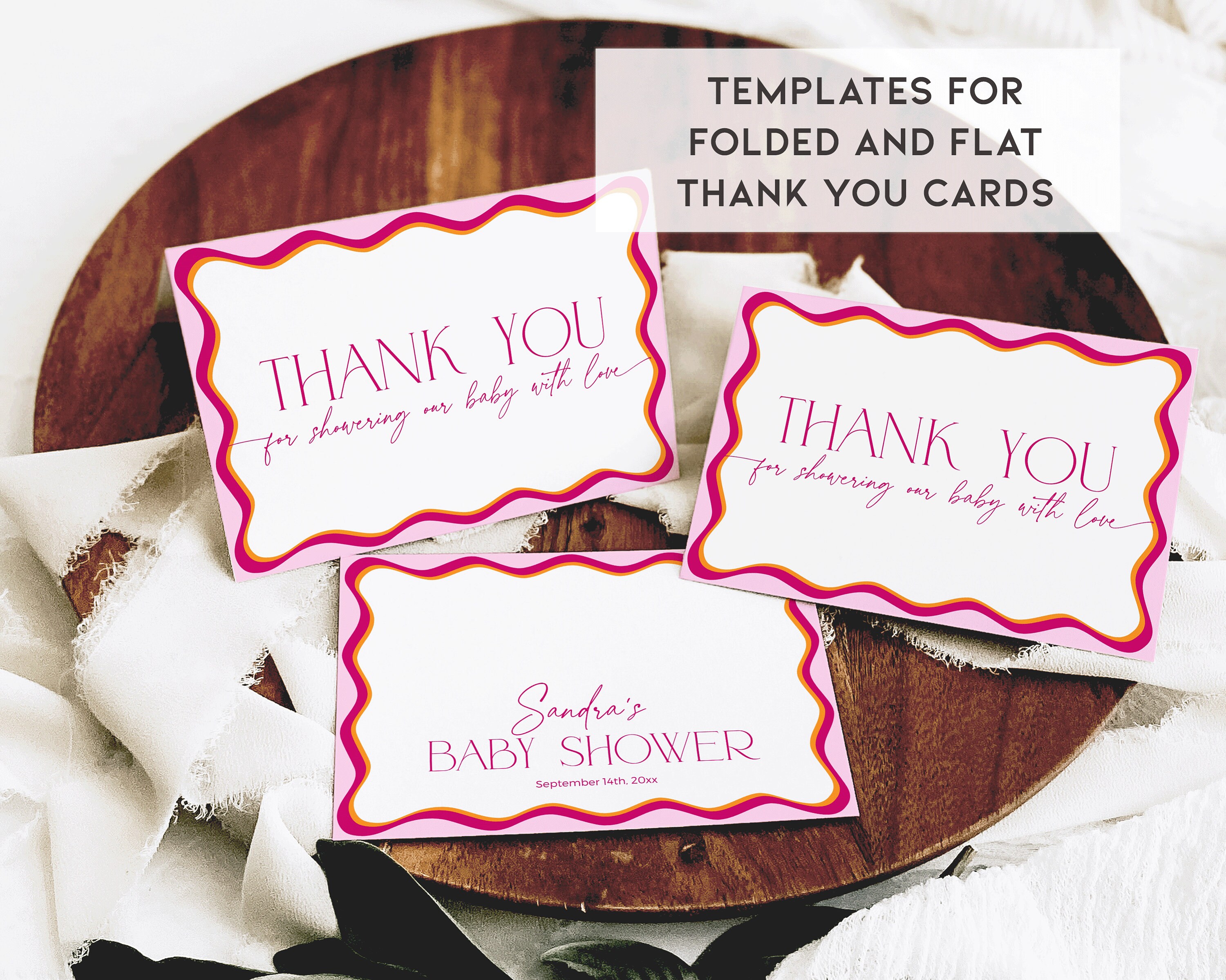 Wavy Border Baby Shower Invitation Bundle, Hot Pink Online Invite Set ...