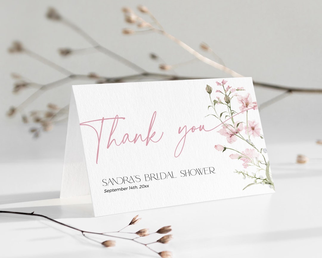 Blush Pink Floral Bridal Shower Thank You Card, Elegant Wildflower ...