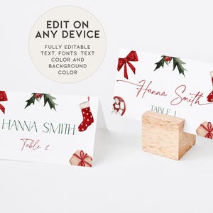 Christmas Place Cards Template Folded, Red Xmas Dinner Party Tent Name ...