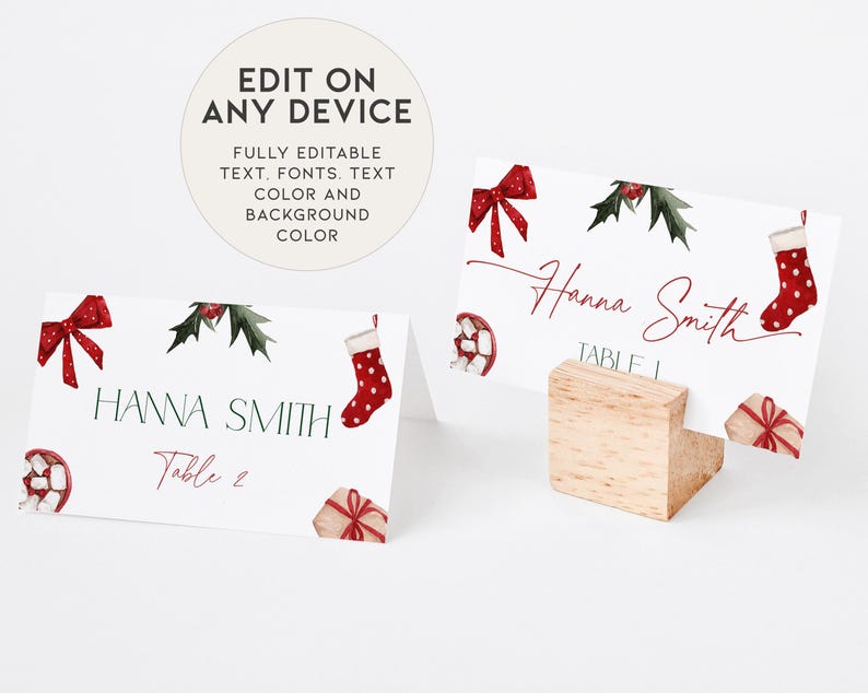 Christmas Place Cards Template Folded, Red Xmas Dinner Party Tent Name ...