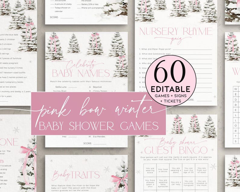 Pink Bow Christmas Baby Shower Games Bundle Forest, Editable Girl ...
