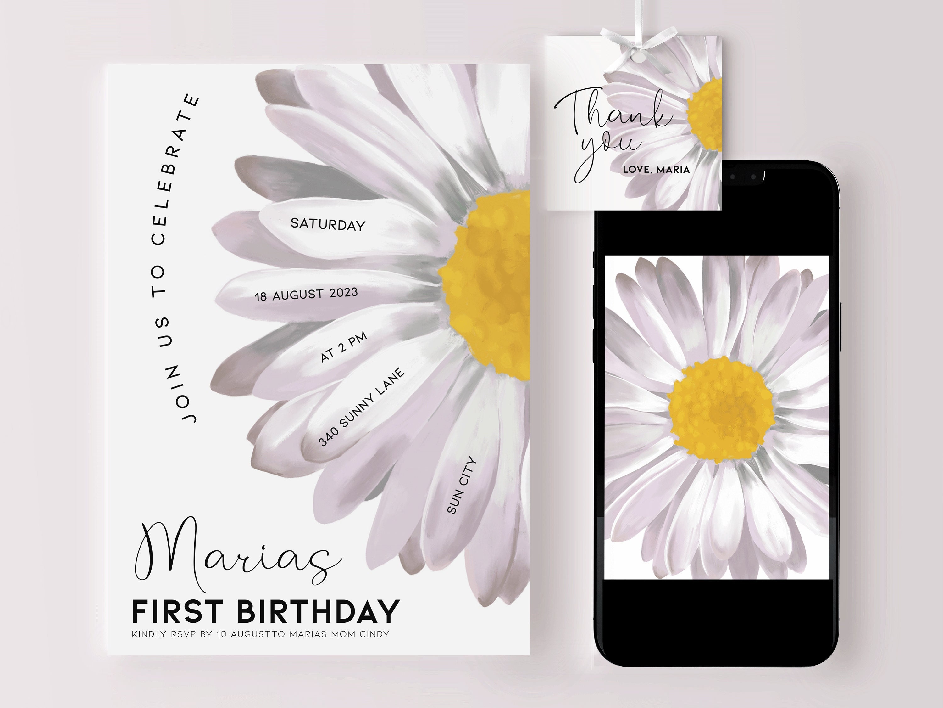 Printable Modern Daisy Birthday Invitation, Editable Neutral Flower ...